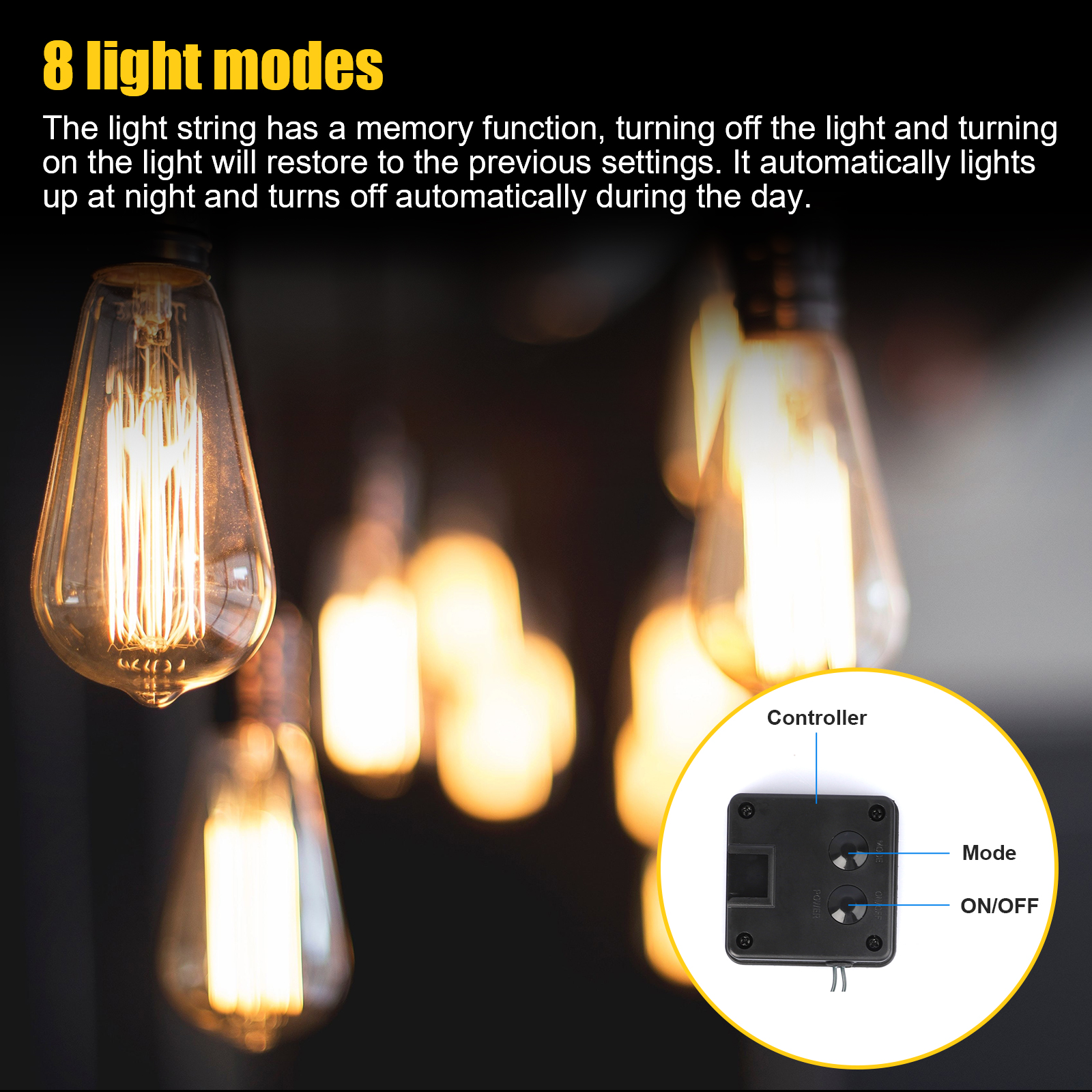 26FT Solar 20 LED String Light Outdoor Waterproof Edison Bulb Garden ...