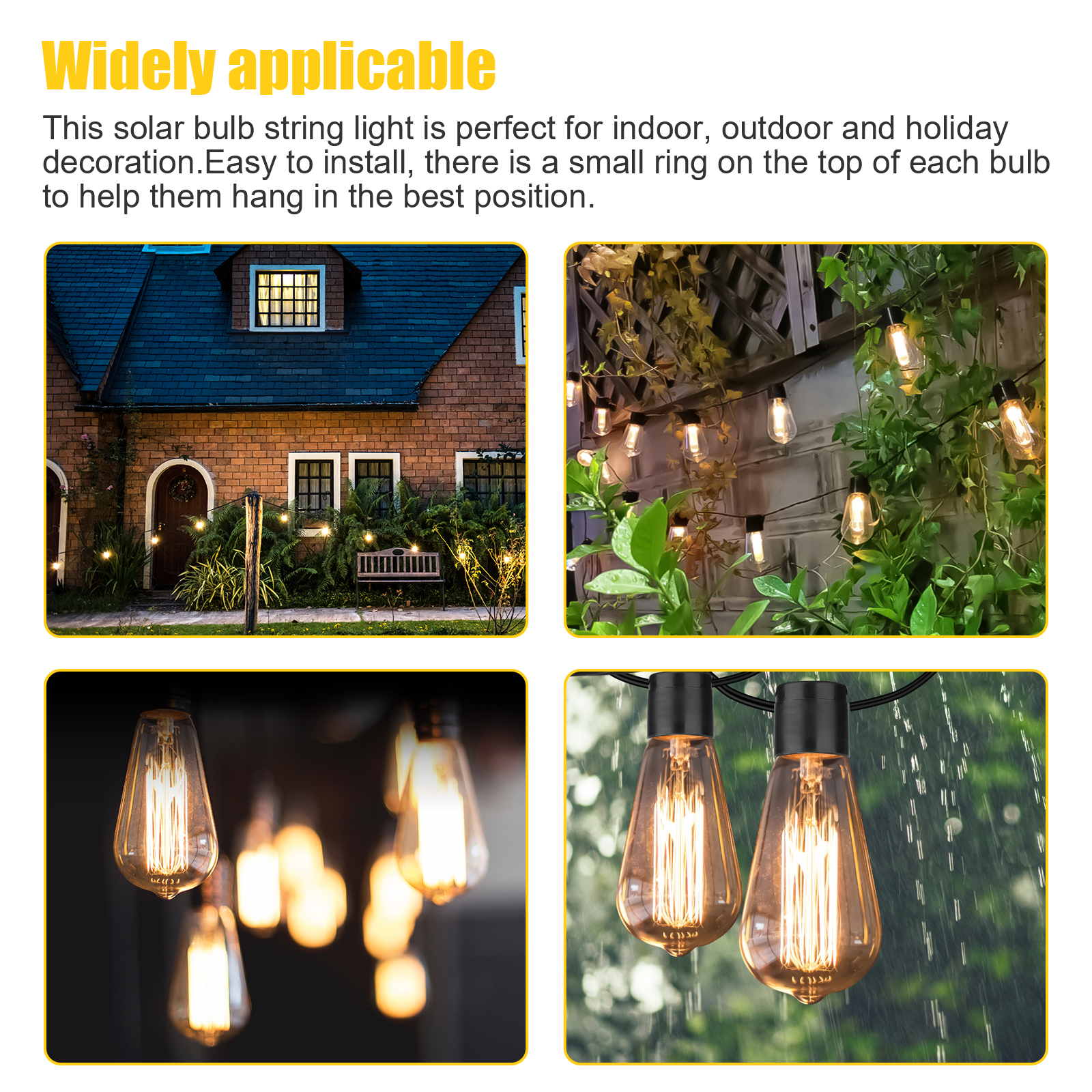 26FT Solar 20 LED String Light Outdoor Waterproof Edison Bulb Garden ...