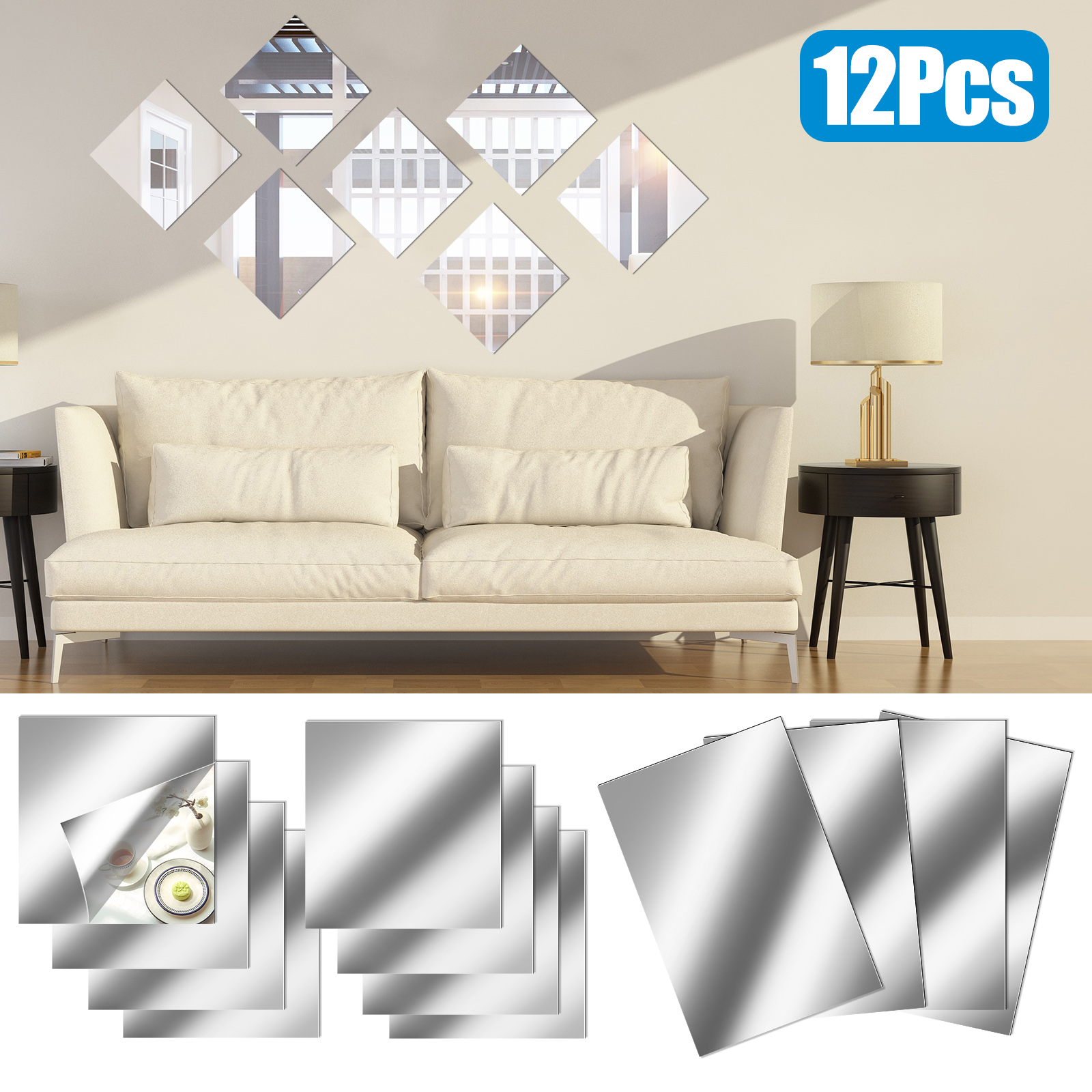 Mirror Tile Reflective Wall Stickers Self Adhesive Film Paper Kitchen ...