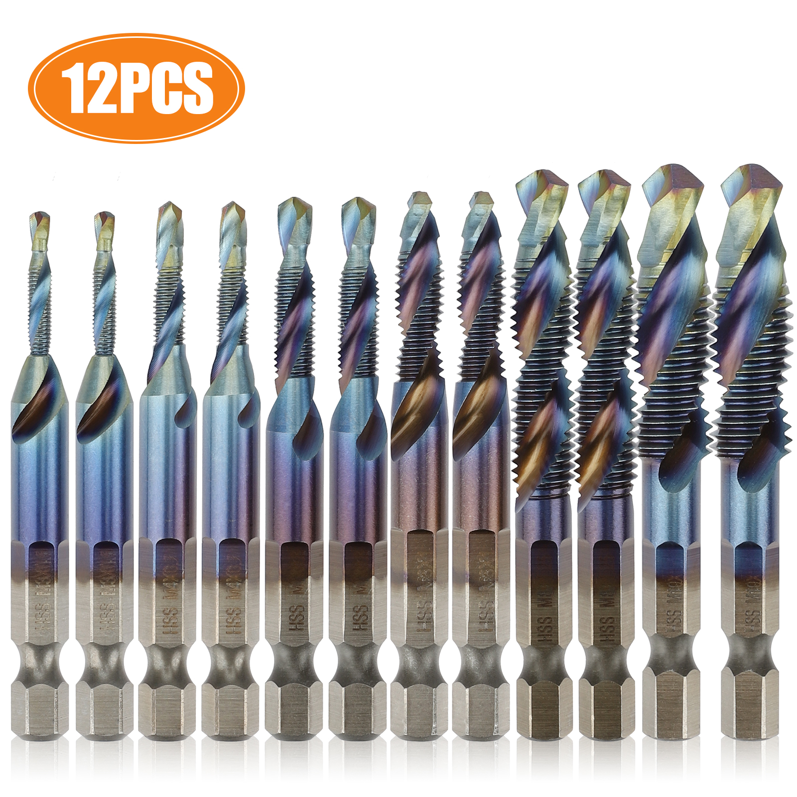 6PCS 1/4" HSS Hex Shank Titanium Plated Screw Thread Drill Bits Set M3 ...
