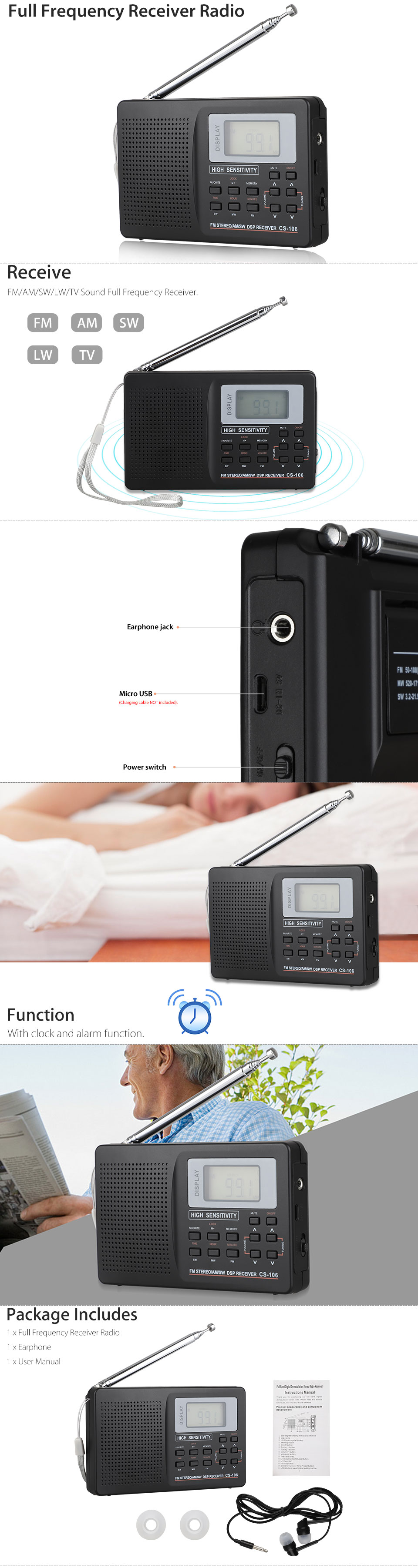 Portable Radio Full World Band AM/FM /MW/SW Digital Radio DSP Stereo ...